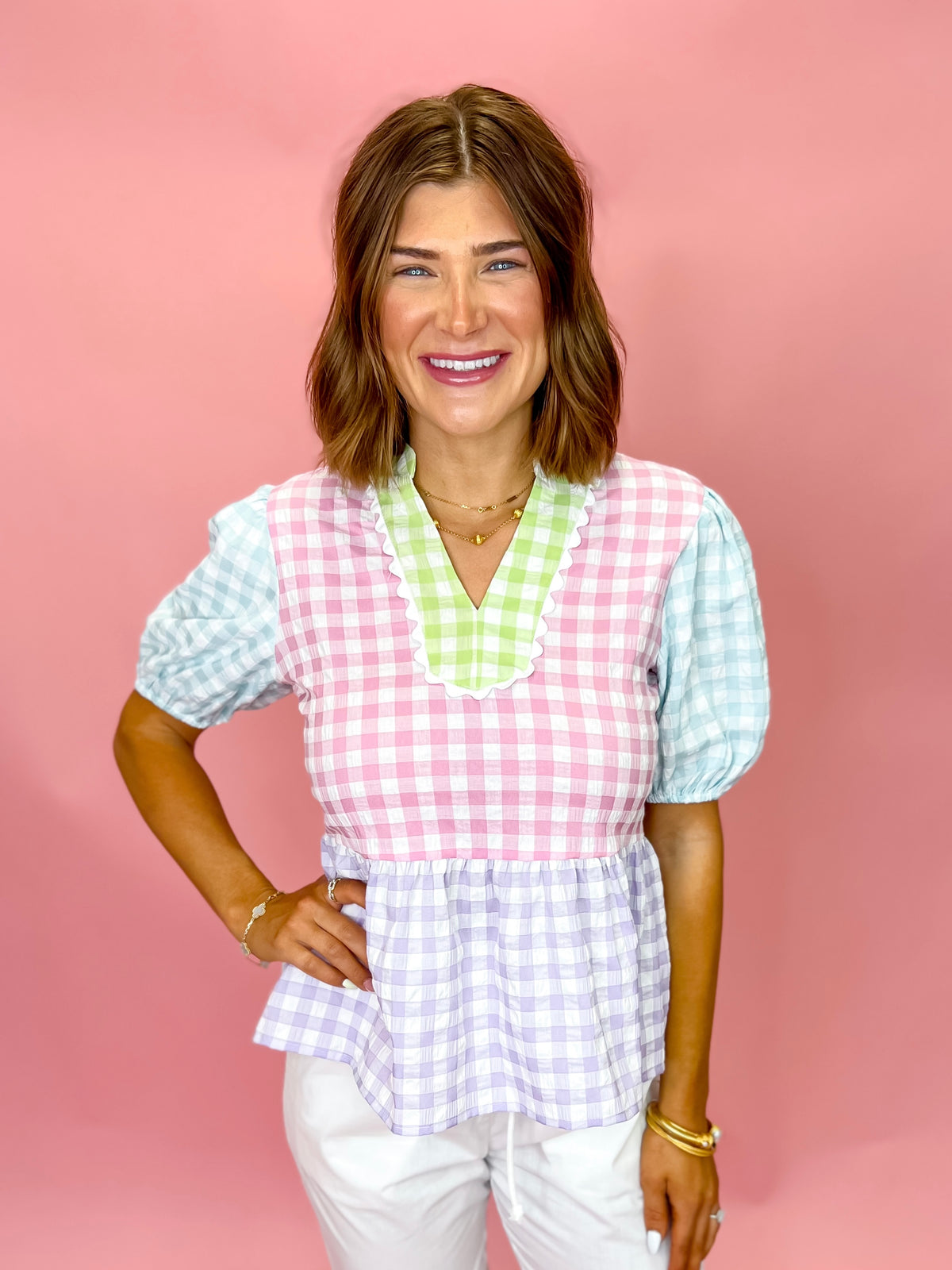 [Brianna Cannon] Color Block Gingham Peplum Top — The Burlap Sack Boutique