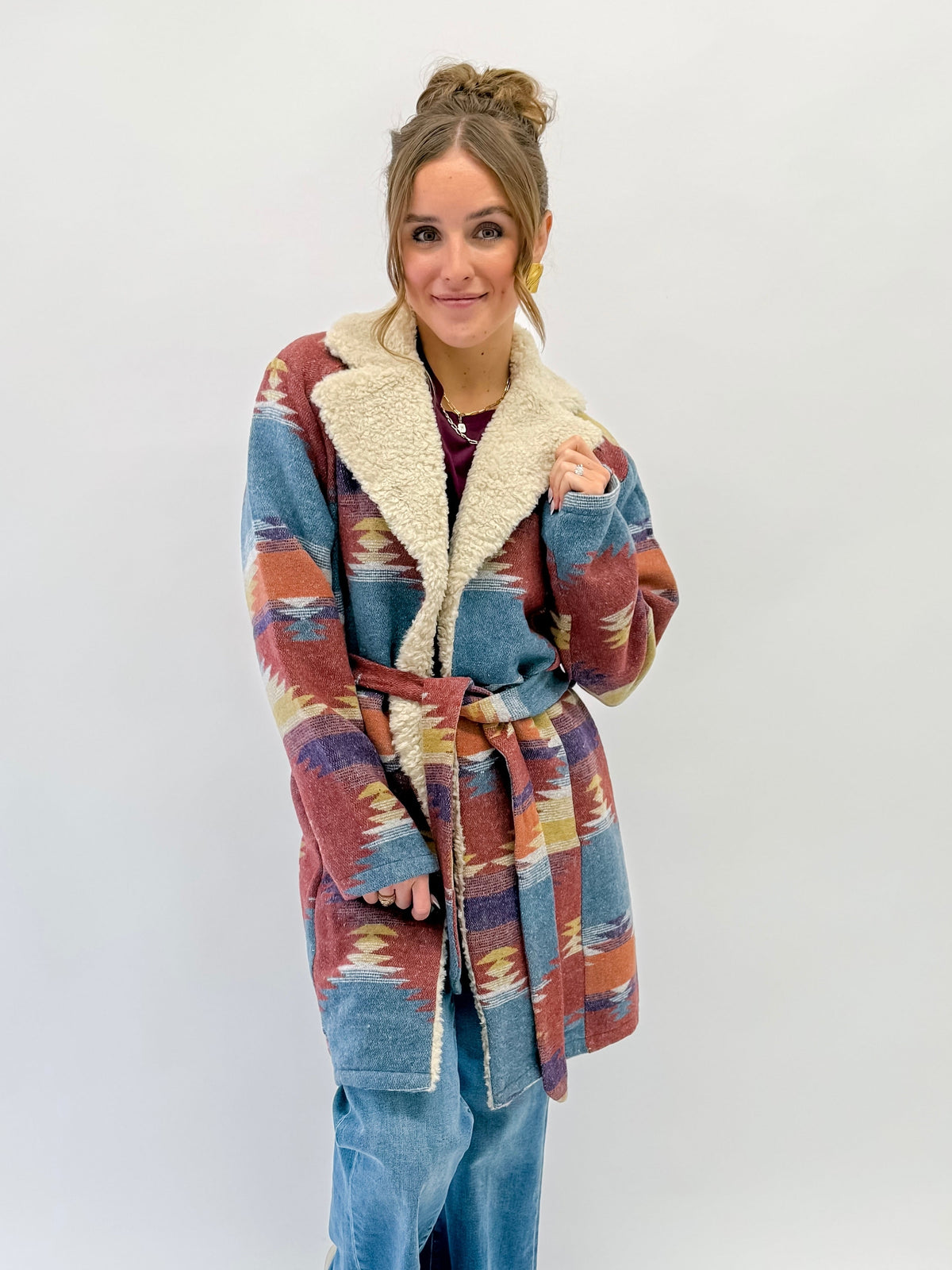 Ruby Belted Aztek Print Shacket — The Burlap Sack Boutique